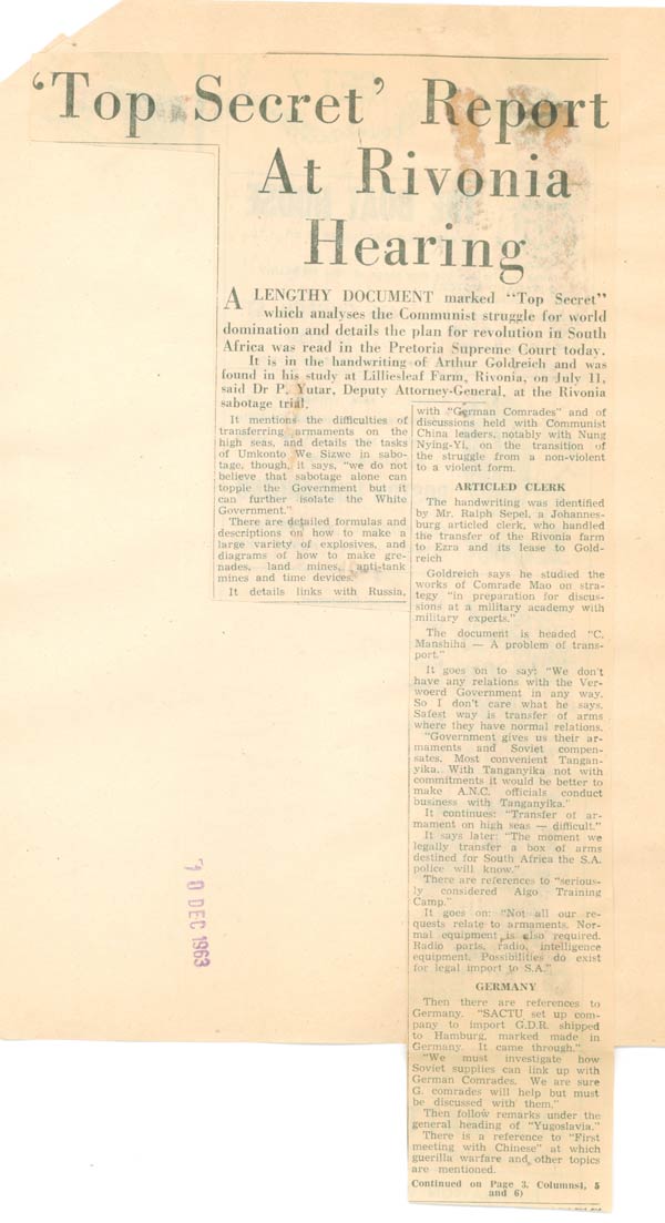 Top Secret’ Report at Rivonia Hearings”, Pretoria News, 10 December ...