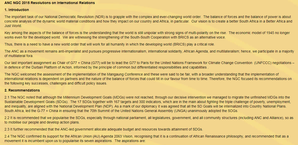 ANC NGC 2015 Resolutions on International Relations | South African ...