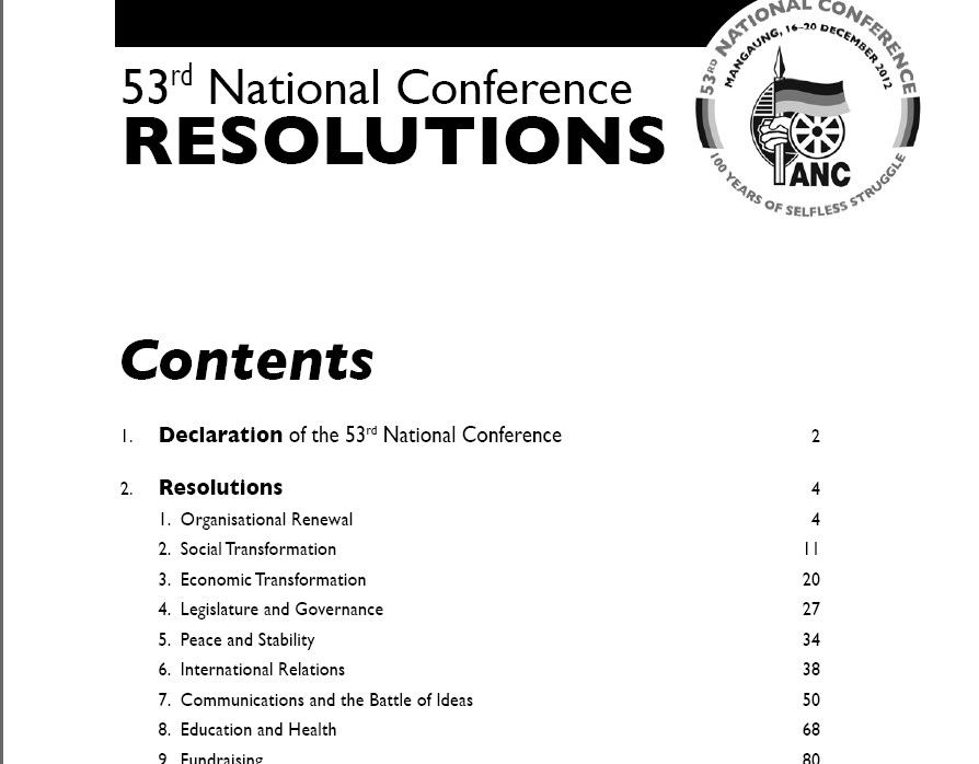 53rd ANC National Conference Resolutions, December 2012 | South African ...