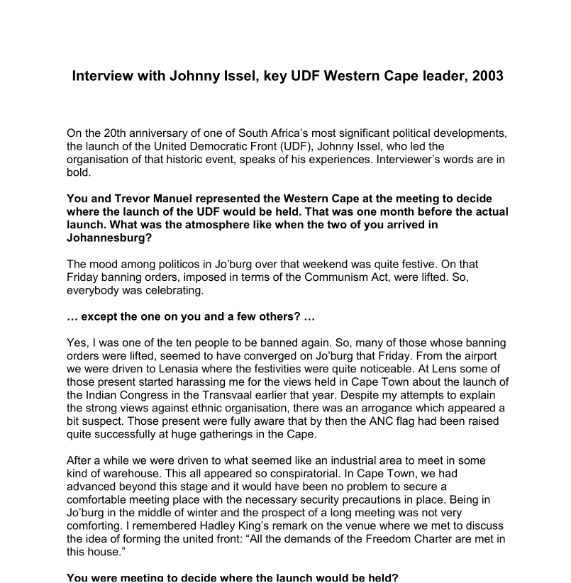 Interview with Johnny Issel, key UDF Western Cape leader, 2003 | South ...