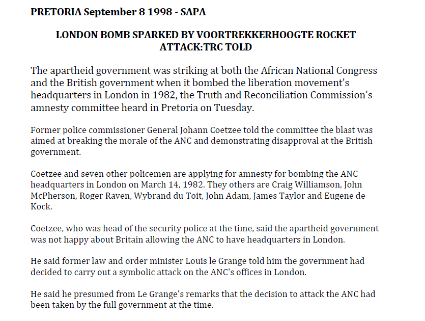 London bomb sparked by Voortrekkerhoogte rocket attack, TRC told, SAPA ...