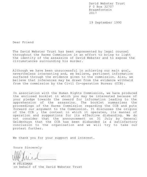 Letter by M Friedman on behalf of the David Webster Trust | South ...