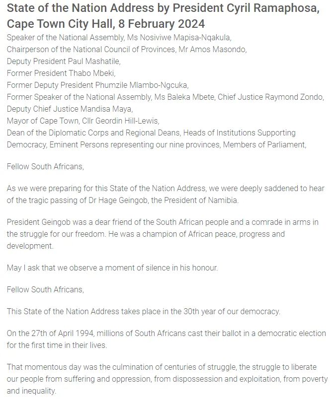 State of the Nation Address by President Cyril Ramaphosa, Cape Town City Hall, 8 February 2024 ...