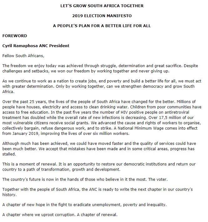 ANC 2019 Election Manifesto | South African History Online