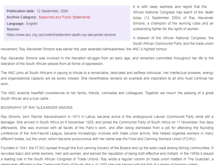 ANC Statement on the death of Ray Alexander Simons, African National ...