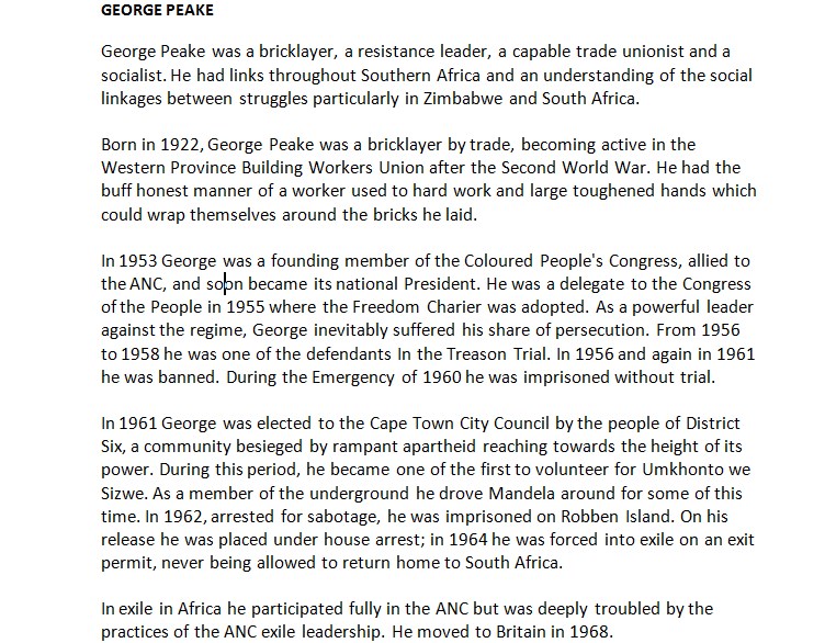 George Peake by David Hemson | South African History Online