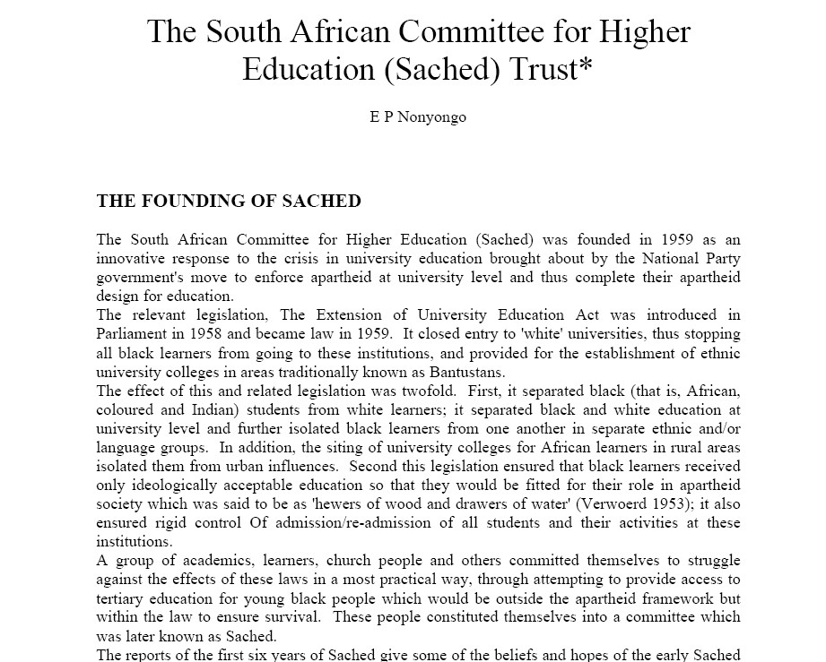 The South African Committee for Higher Education (Sached) Trust by E. P ...