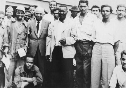 Monty Naicker and Moses Mabhida with African and Indian workers in ...